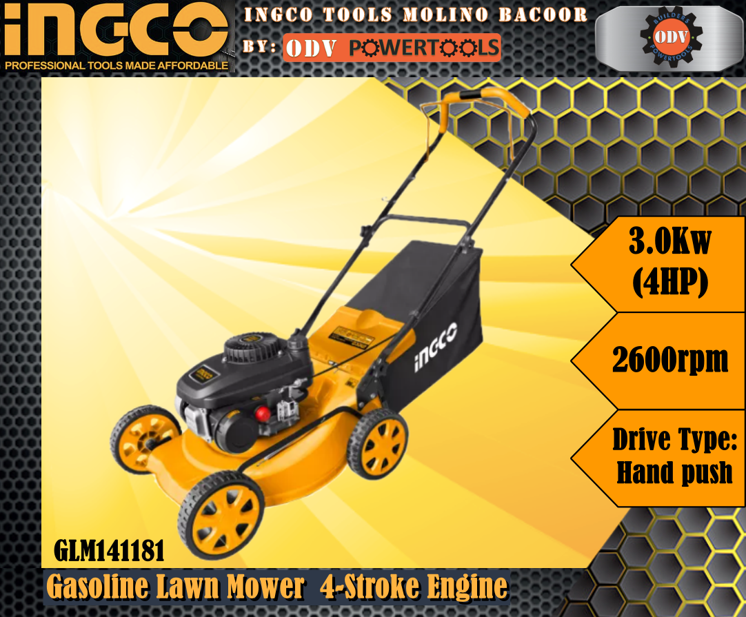 Ingco GLM141181 Gasoline Lawn Mower 3.0KW 4HP 4-Stroke Engine, Hand ...