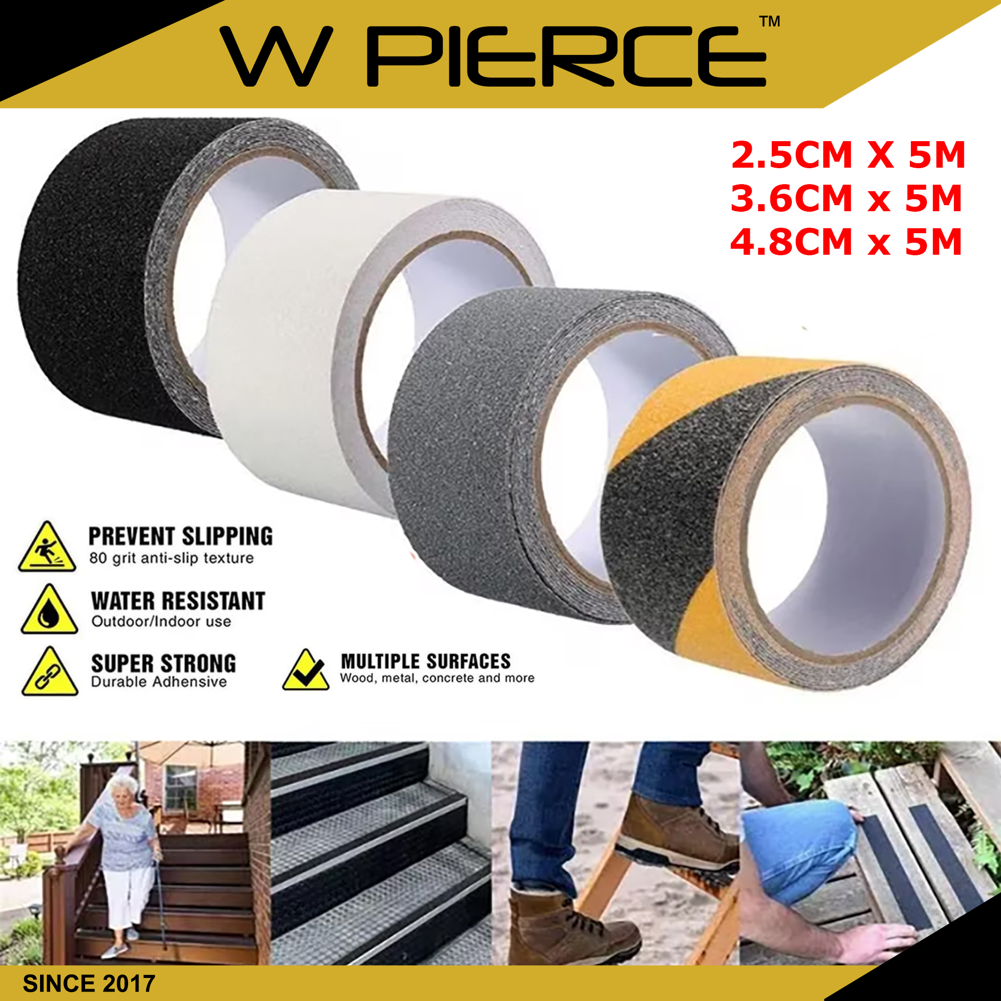 WPierce Anti-Slip Tapes 2.5, 3.6, 4.8CM X 5M Indoor/Outdoor Non Slip ...