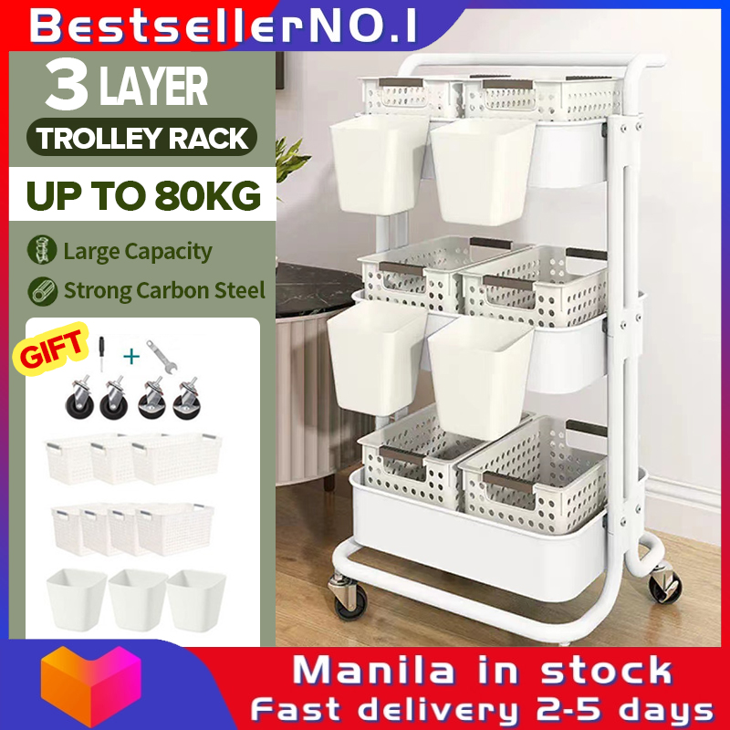 3 Tier Trolley Cart Organizer Utility Trolley Carbon Steel Cart with 4 ...