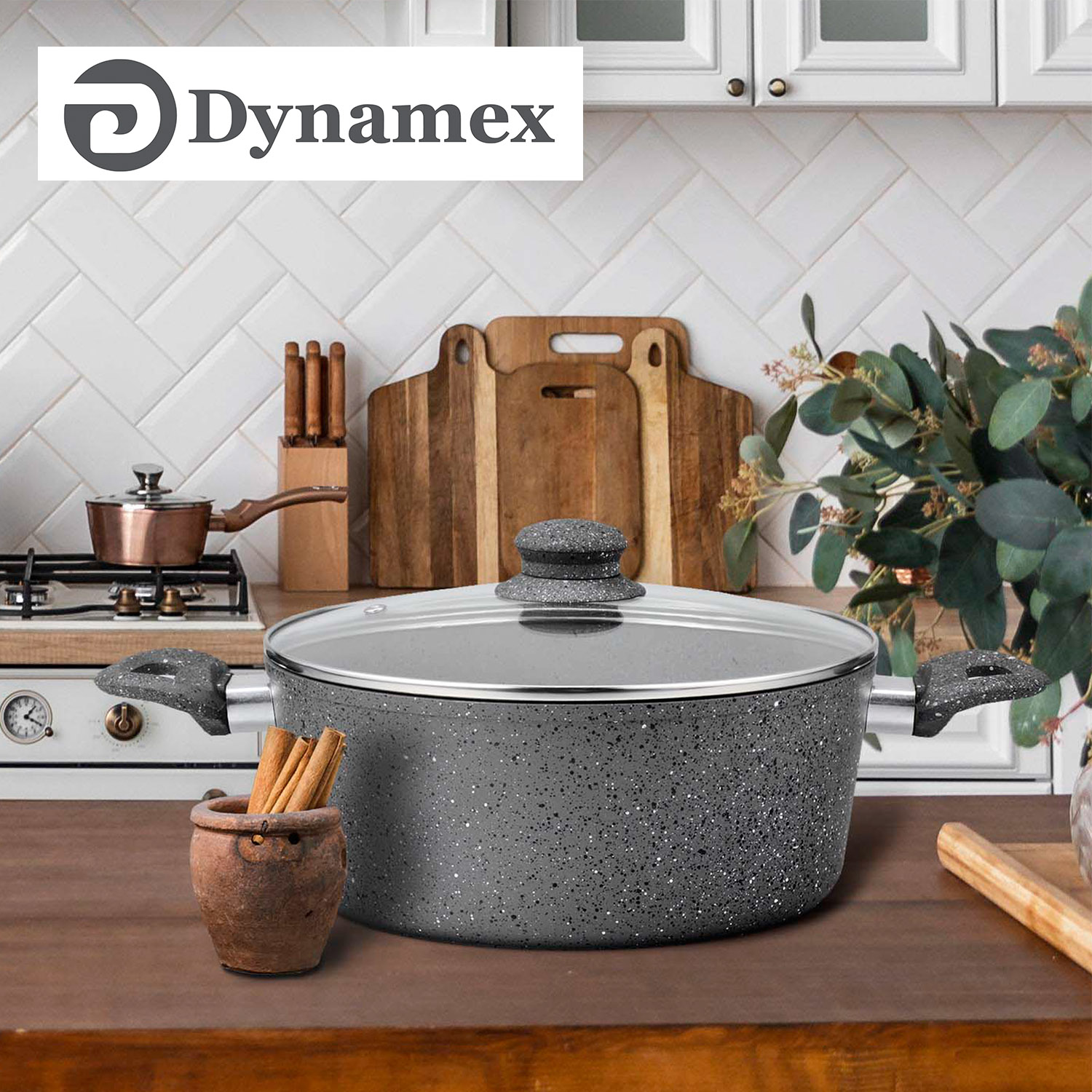 Dynamex Marble Induction 28cm Casserole with Glass Lid Non-stick Stone ...