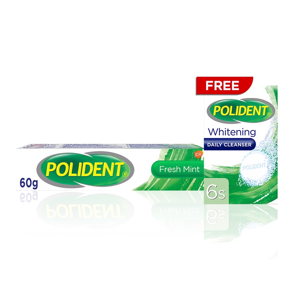 Polident Fresh Mint Adhesive 60g w/ FREE Polident Whitening Denture ...
