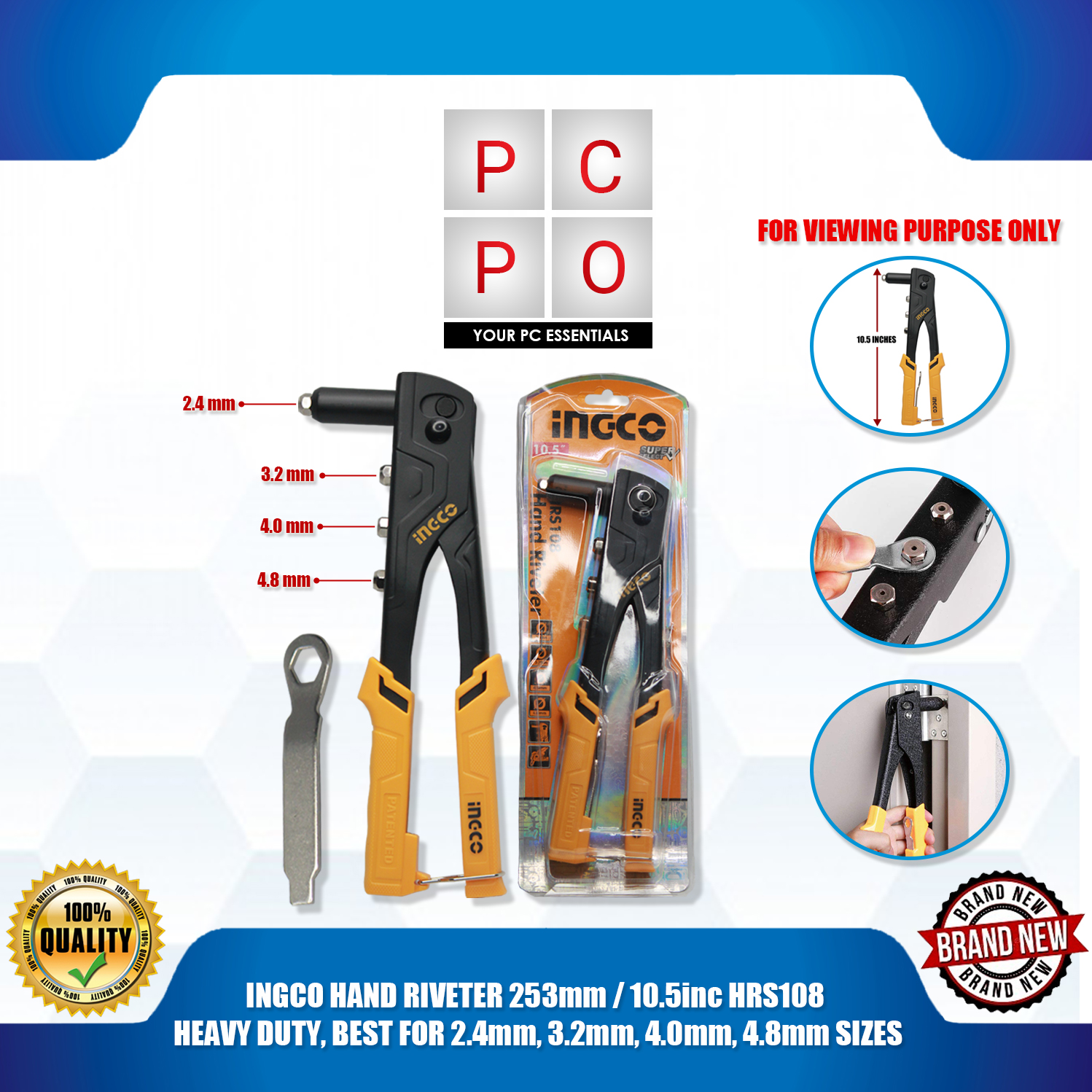 INGCO HAND RIVETER 253mm / 10.5inc HRS108 HEAVY DUTY, BEST FOR 2.4mm, 3 ...
