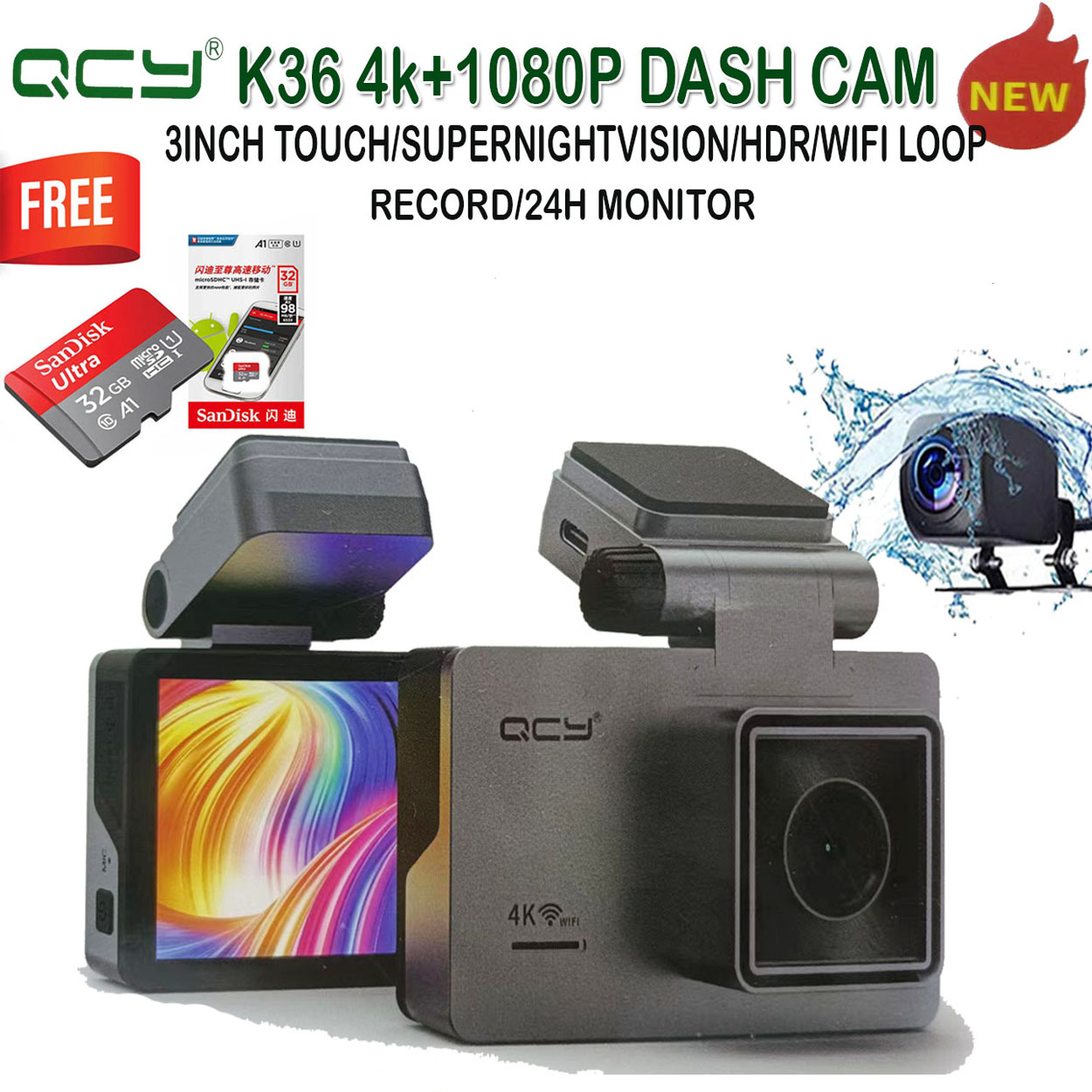 QCY K36 Ultra-Clear 4K+1080P Dash Camera with Wifi / G-sensor and Loop ...