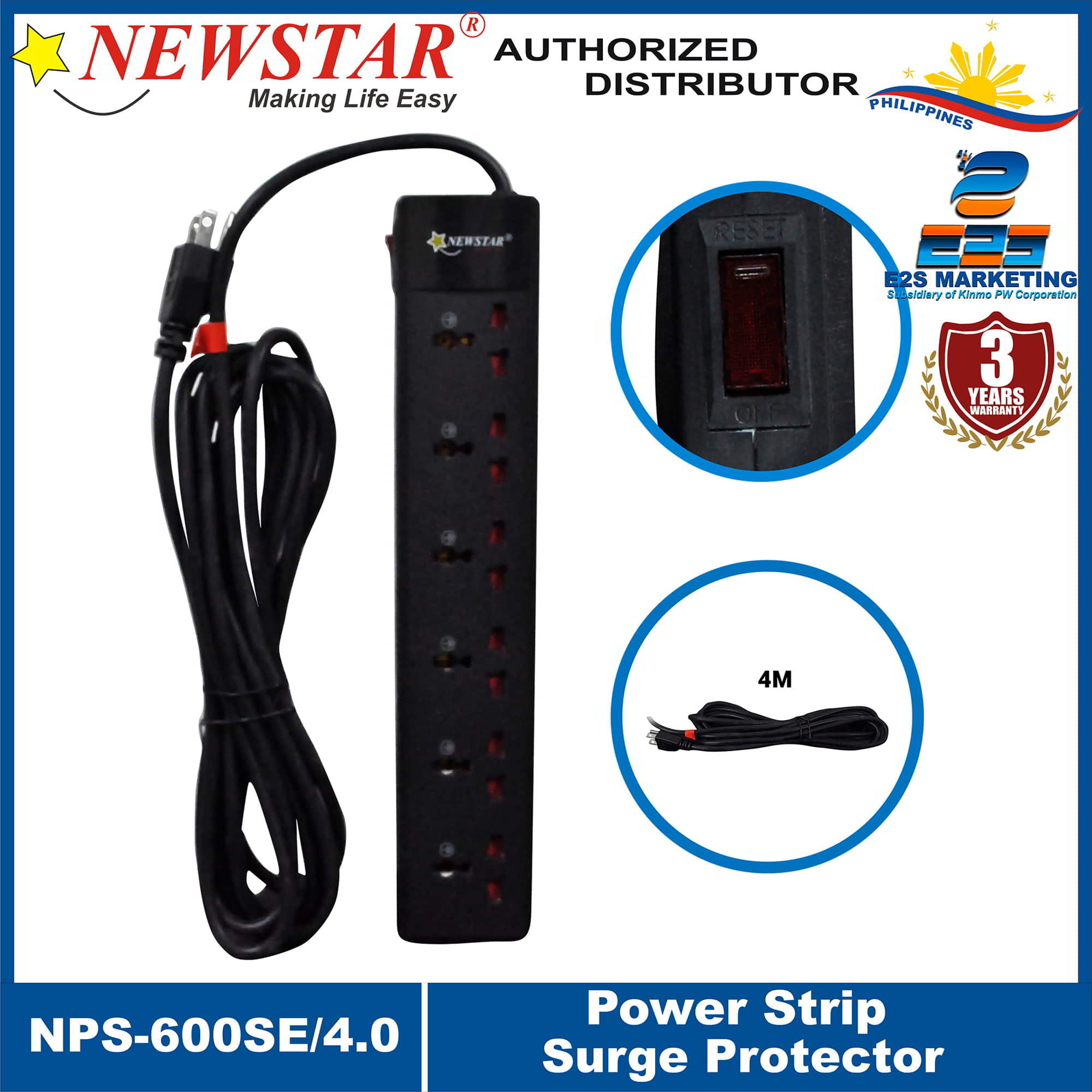 Newstar Extension Wire 4 Meters Power Strip Surge Protector Extension ...